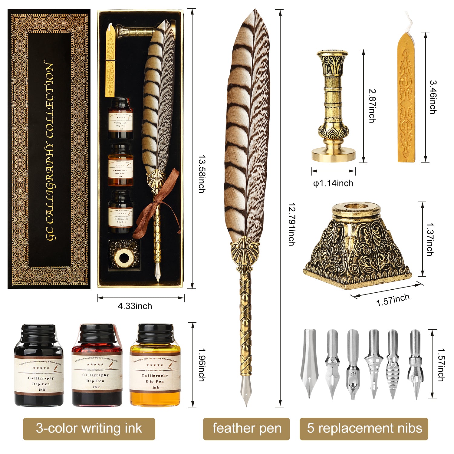 GC QUILL Vintage Quill Feather Pen and Ink Set - 6 Nibs, Pen Holder, 3 ...